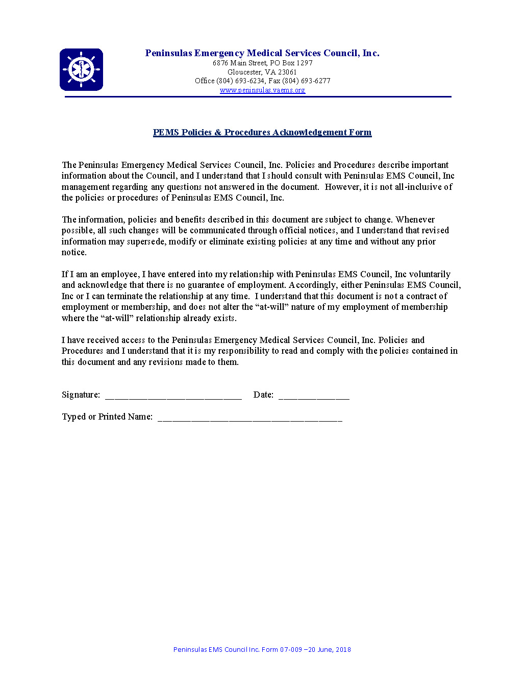 07-009 PEMS Policies & Procedures Acknowledgement Form - Peninsulas EMS ...